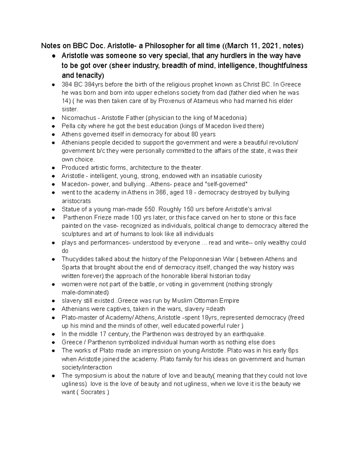 Philosophy notes - Notes on BBC Doc. Aristotle- a Philosopher for all ...