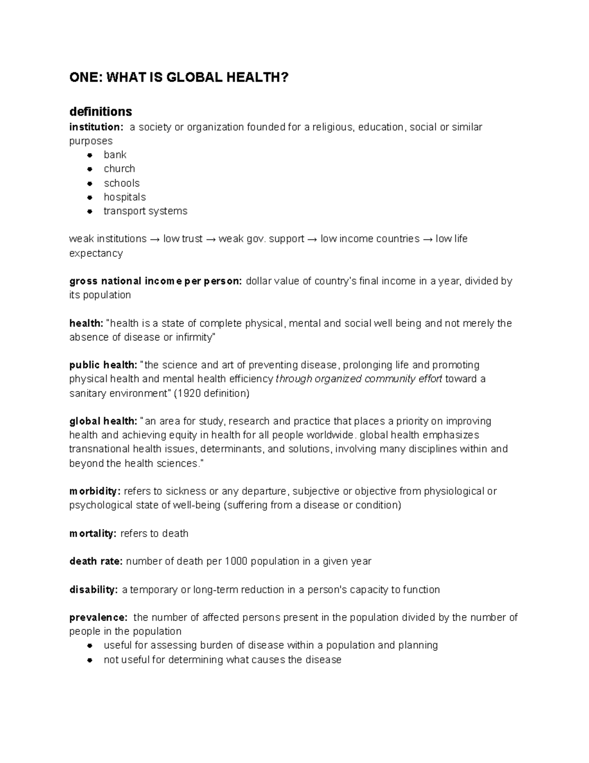Hmb203 notes - ONE: WHAT IS GLOBAL HEALTH? definitions institution: a ...
