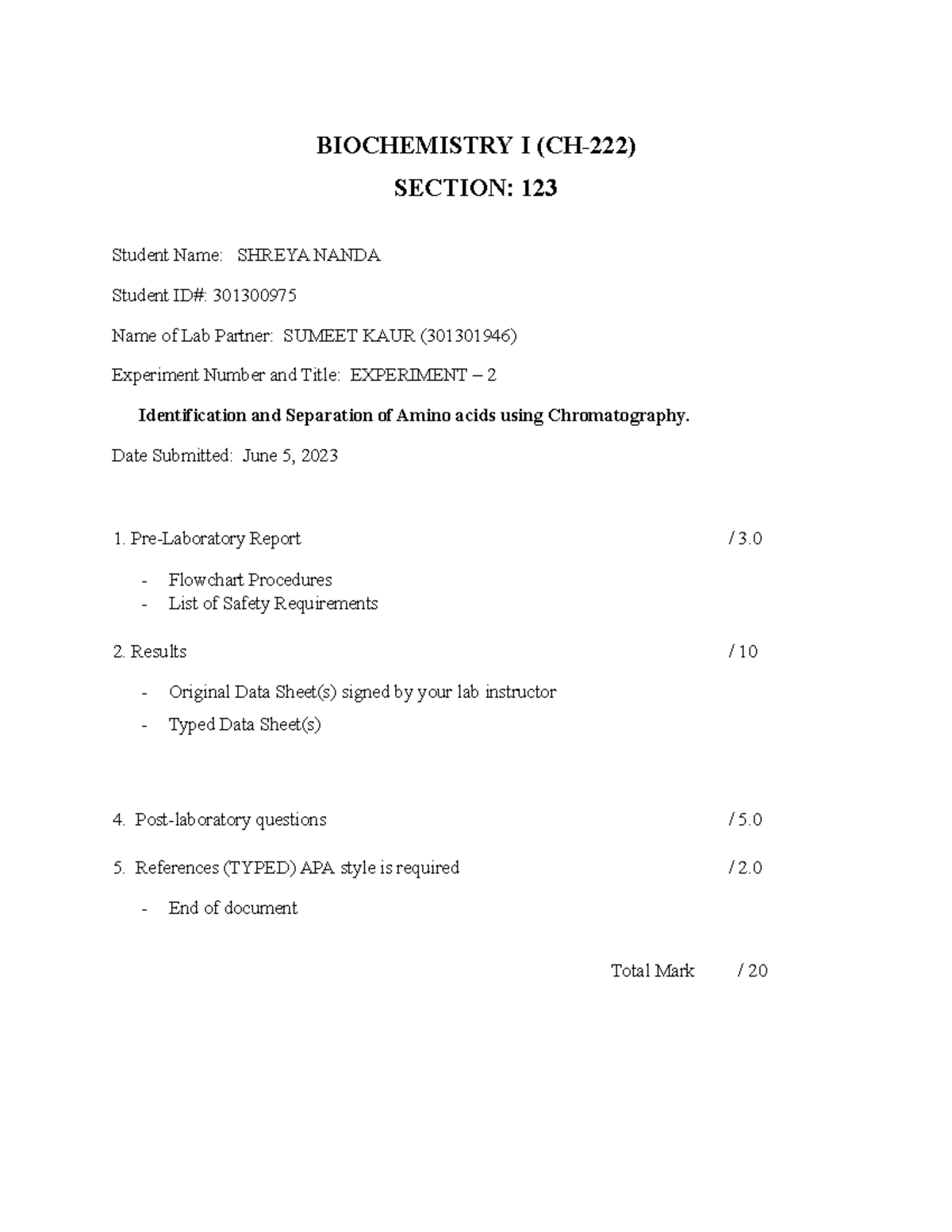Final report Laboratory 2 Biochemistry - BIOCHEMISTRY I (CH-222 ...