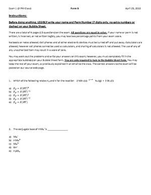 S22 Chem 1B 3PM Exam 2 Form B blank with answers at end - Exam 2 (3 PM ...