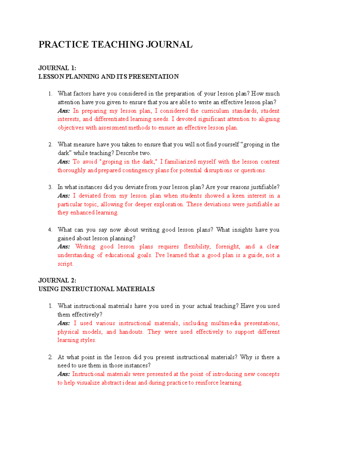 Journal - PRACTICE TEACHING JOURNAL JOURNAL 1: LESSON PLANNING AND ITS ...