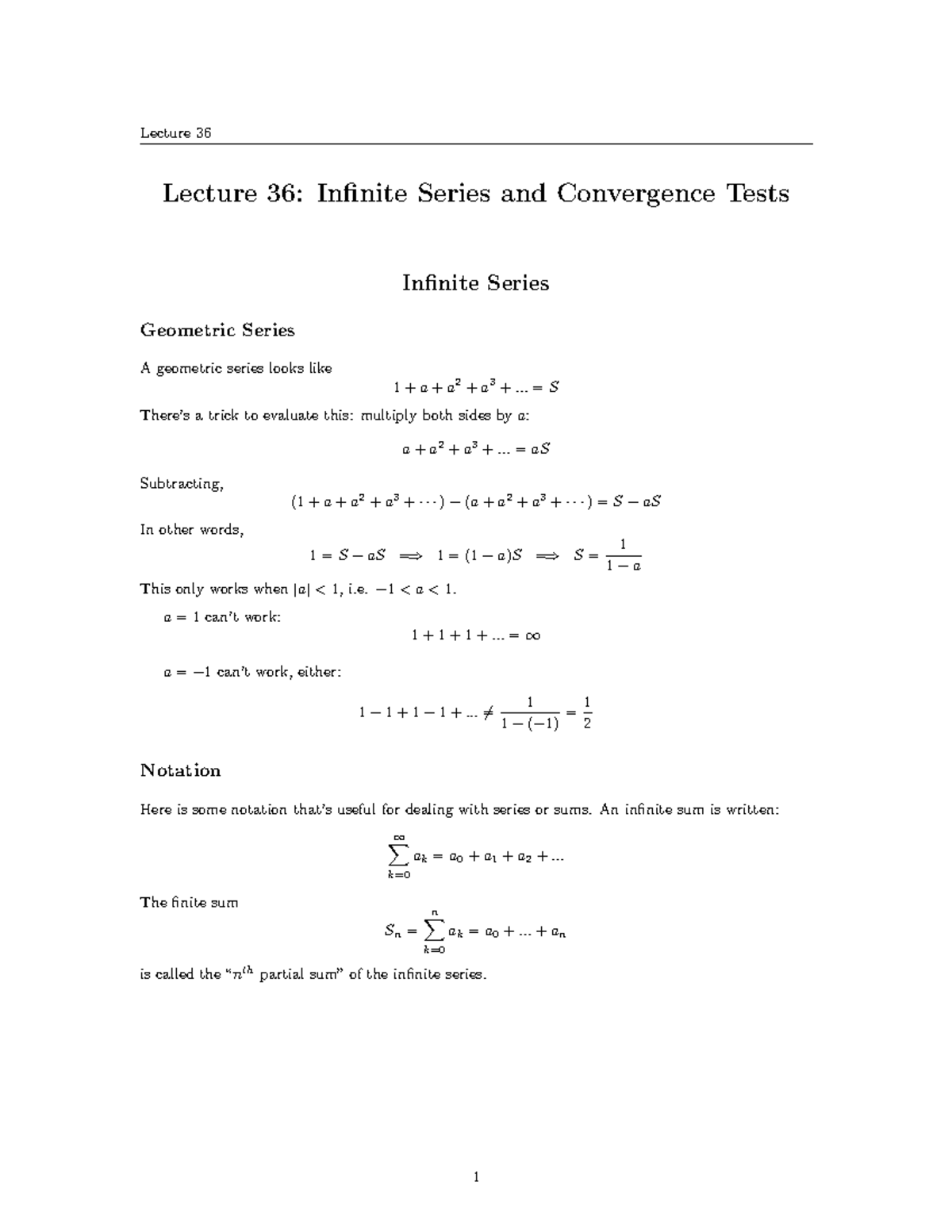 Lecture 36: Infinite Series and Convergence Tests - .. S a trick to ...