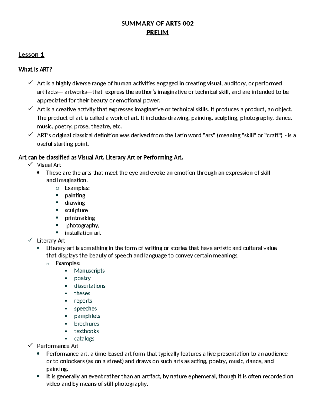 Summary OF ARTS 002 Prelim - SUMMARY OF ARTS 002 PRELIM Lesson 1 What ...