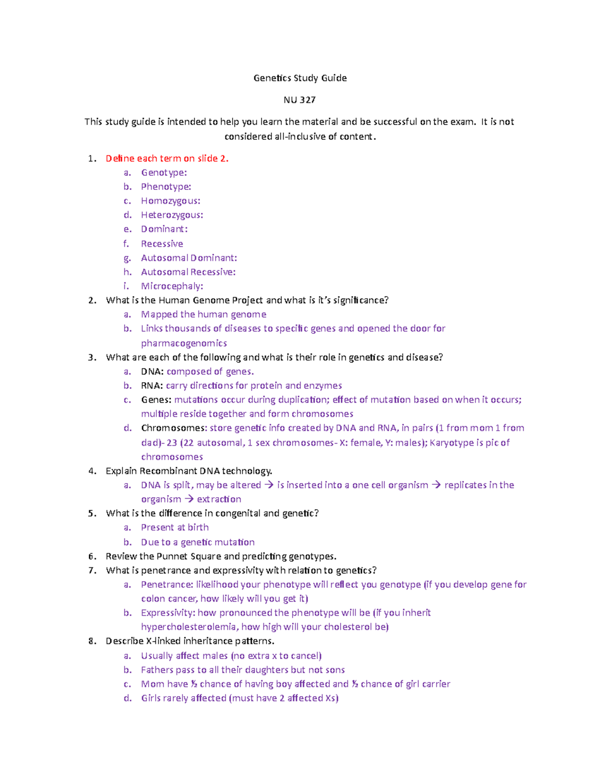 Genetics Study Guide - It is not considered all-inclusive of content ...