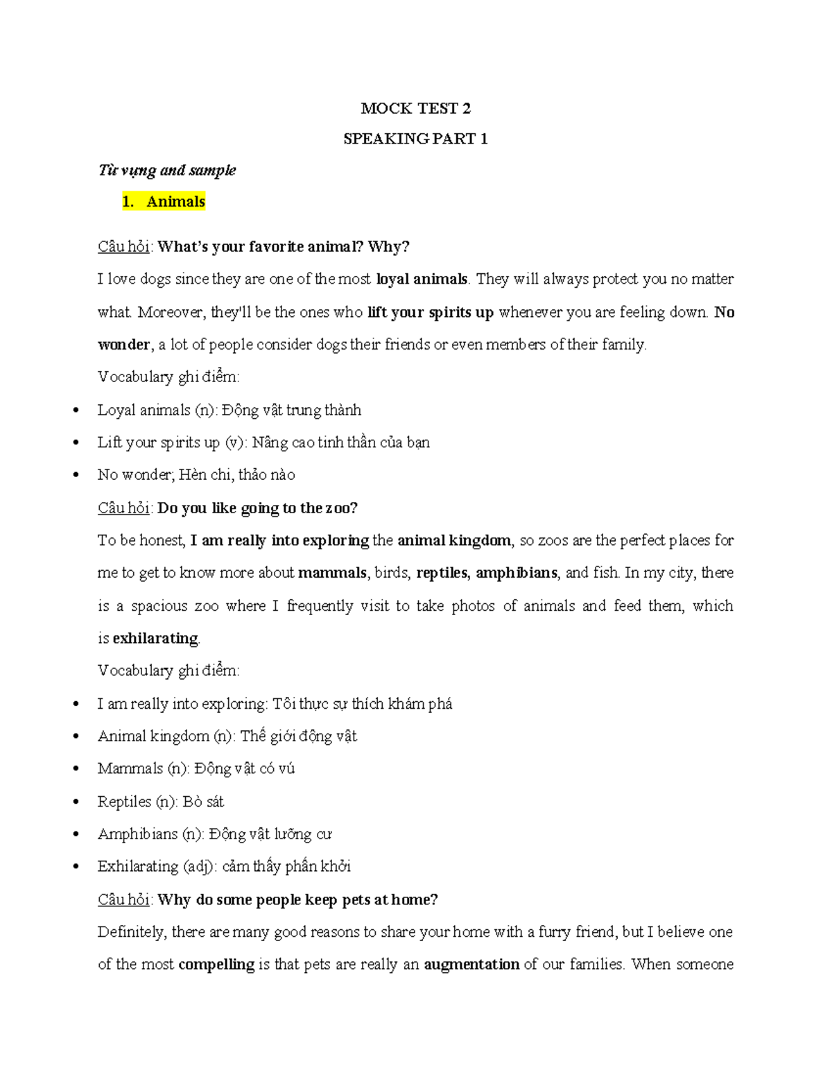 MOCK TEST 2 - speaking - MOCK TEST 2 SPEAKING PART 1 Từ vựng and sample ...