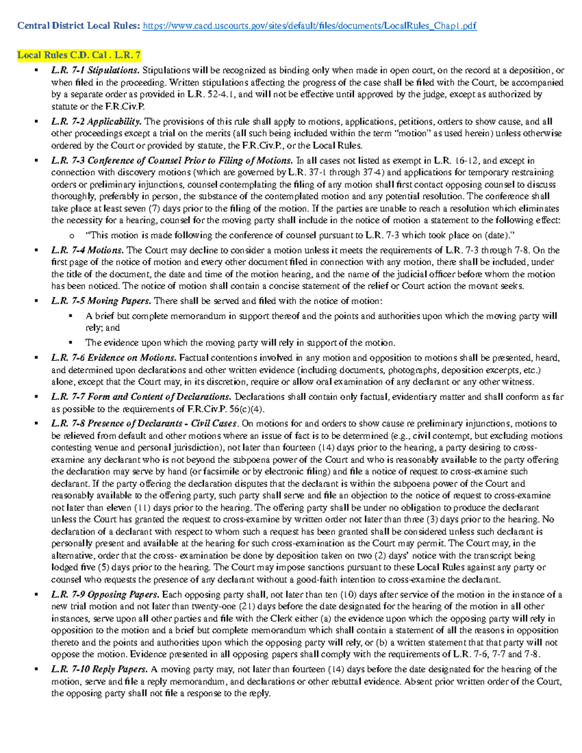Central District Standing Orders - Central District Local Rules: - Studocu