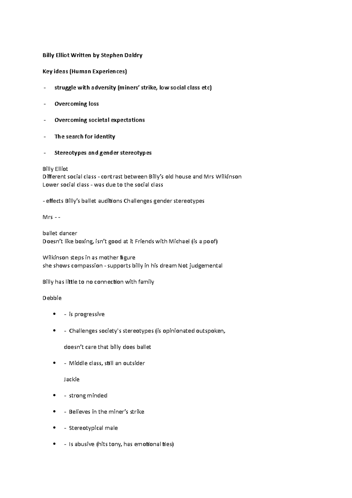 Billy Elliot Written by Stephen Daldry notes - HSC - Billy Elliot ...