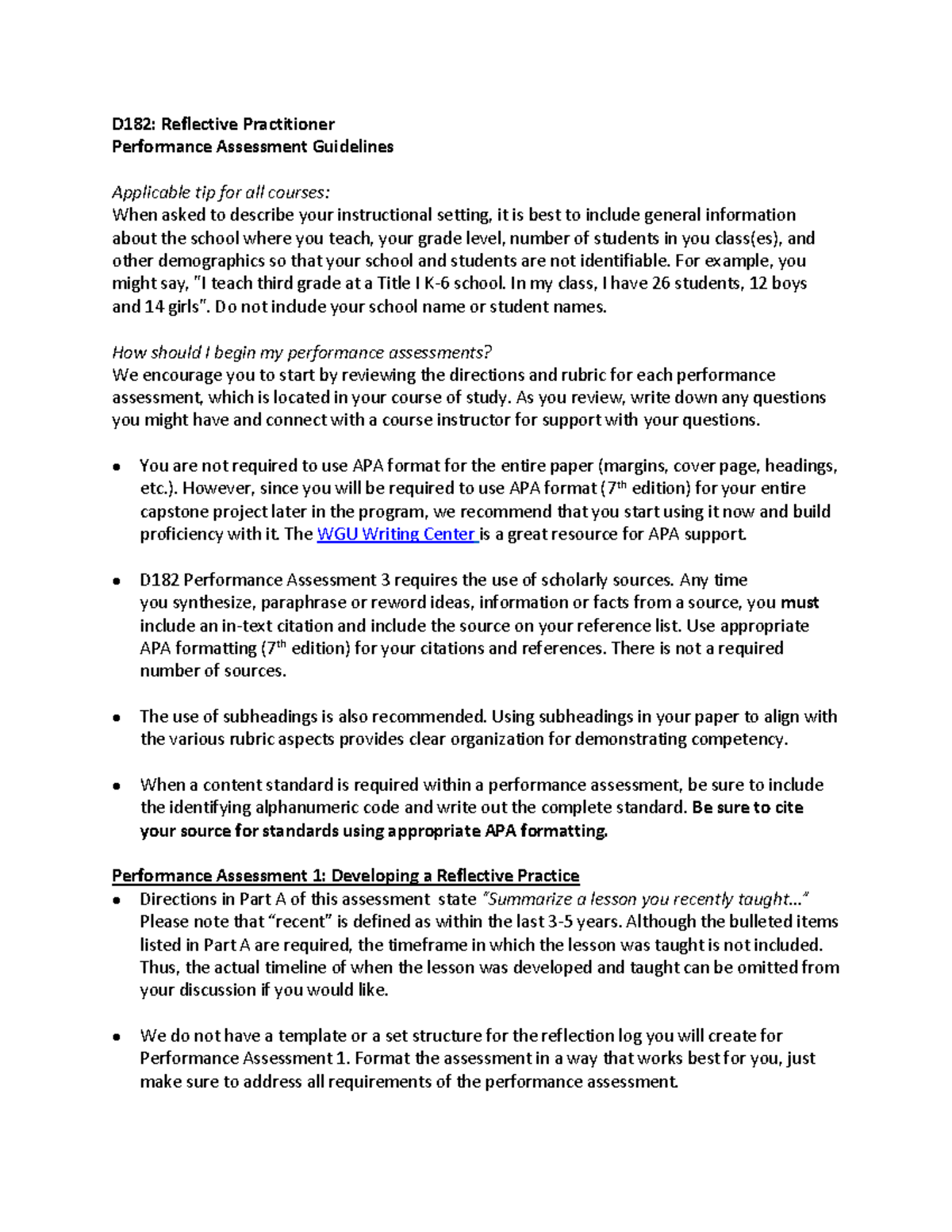 WGU D182- Reflective Practitioner Performance Assessment Guidelines ...