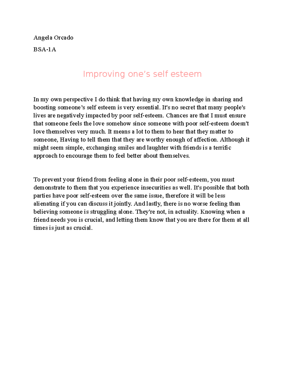 Improving self esteem - Angela Orcado BSA-1A Improving one’s self ...
