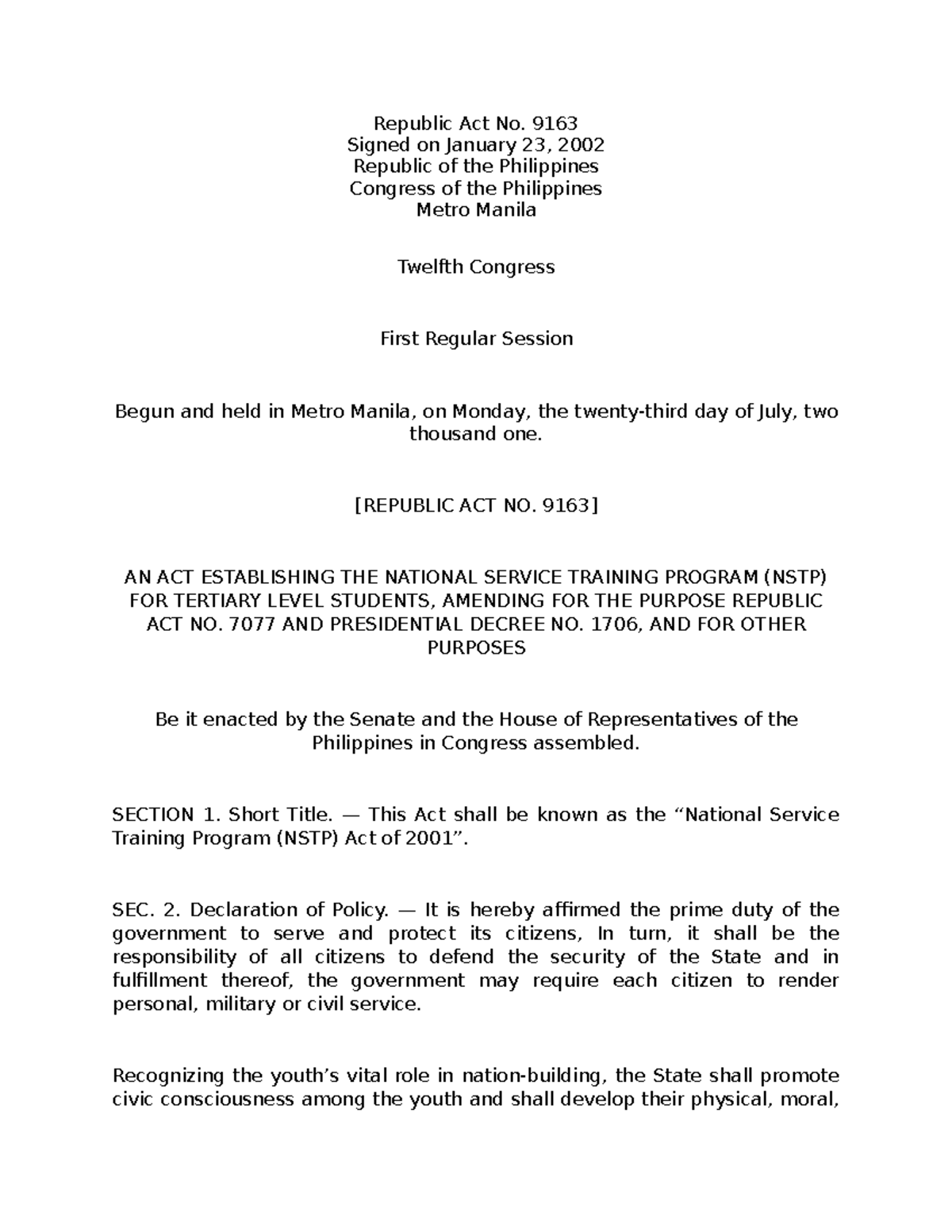 Republic Act No 9163 National Service Training Program Republic Act