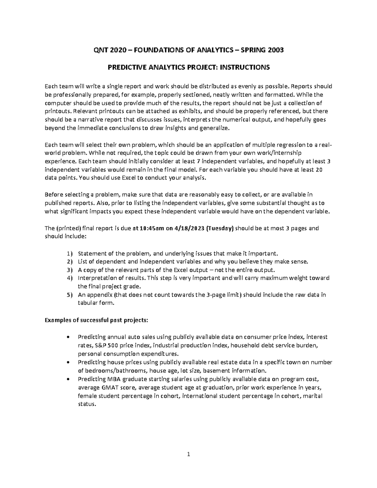 PDF - QNT 2020 - CTA Hybrid - Regression Project - 1 QNT 2020 – FOUNDATIONS OF ANALYTICS ...