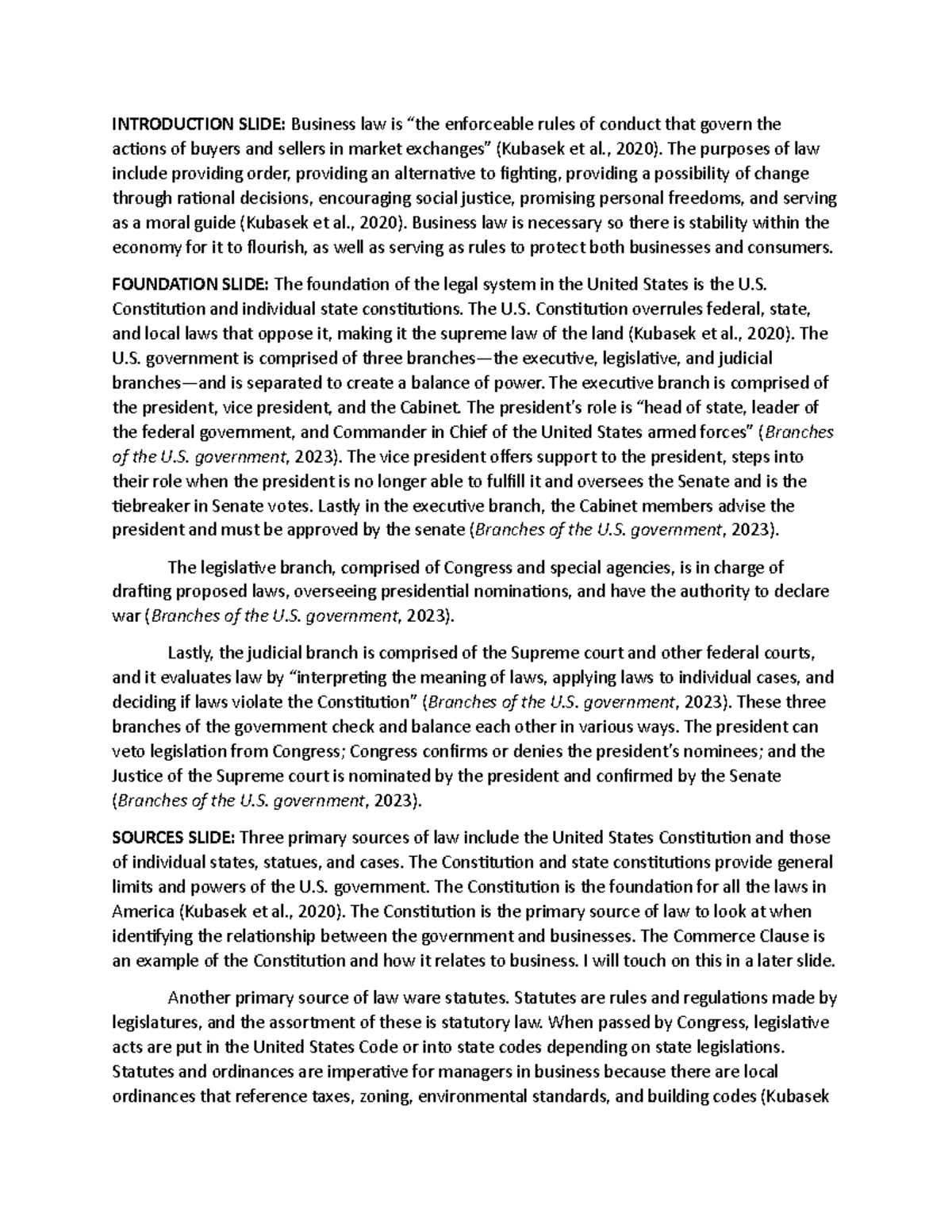 Project one speaker notes - INTRODUCTION SLIDE: Business law is “the ...