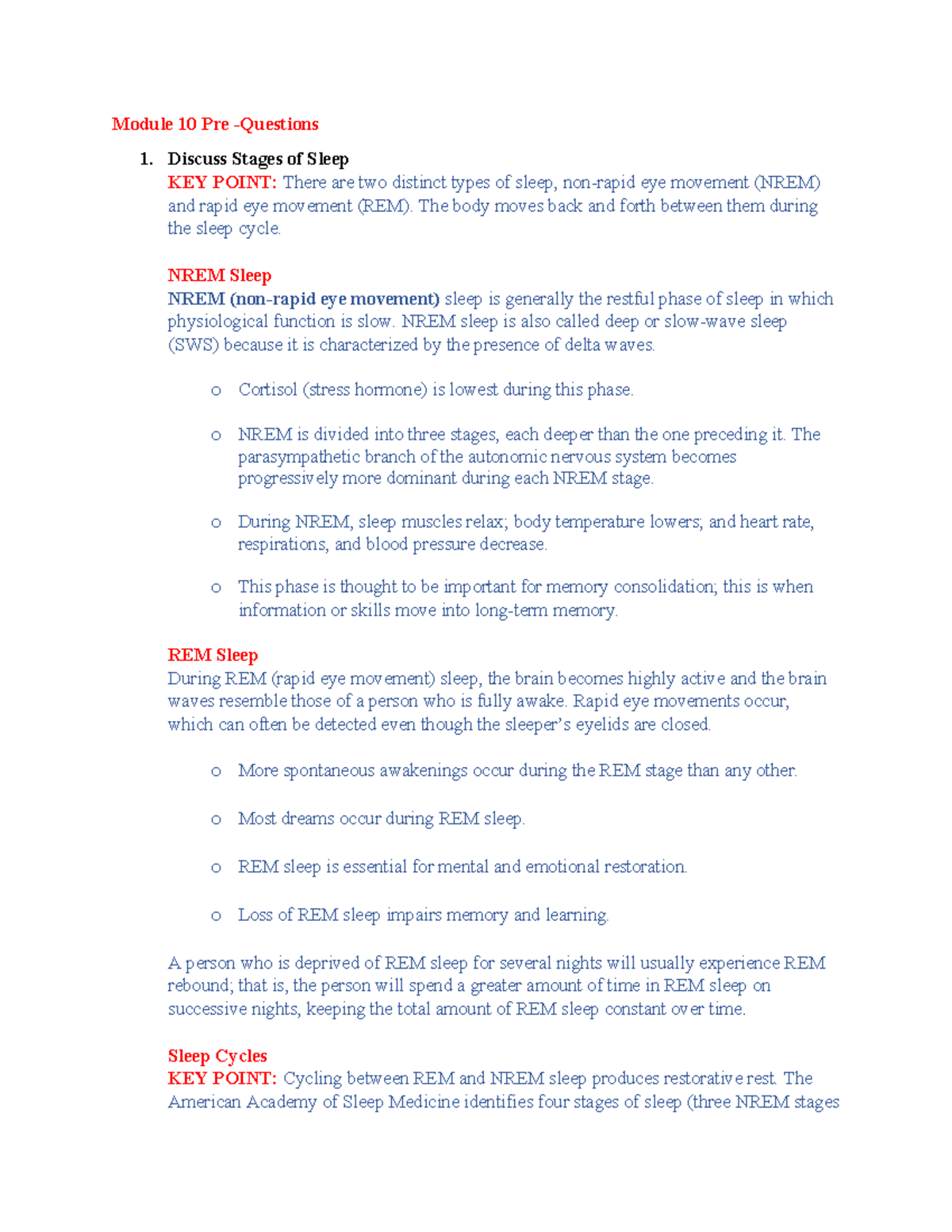 NUR 215 Module 10 Pre - Module 10 Pre -Questions 1. Discuss Stages of ...