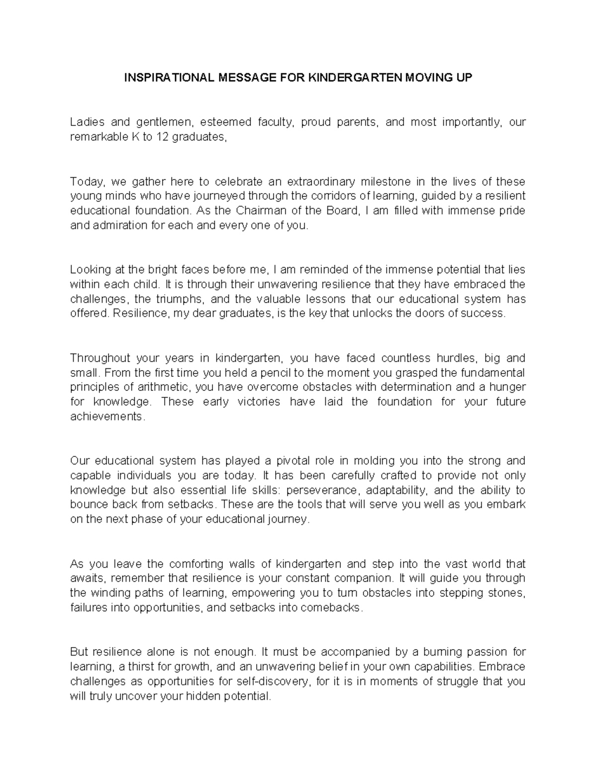 Inspirational Message FOR Kindergarten Moving UP - INSPIRATIONAL ...