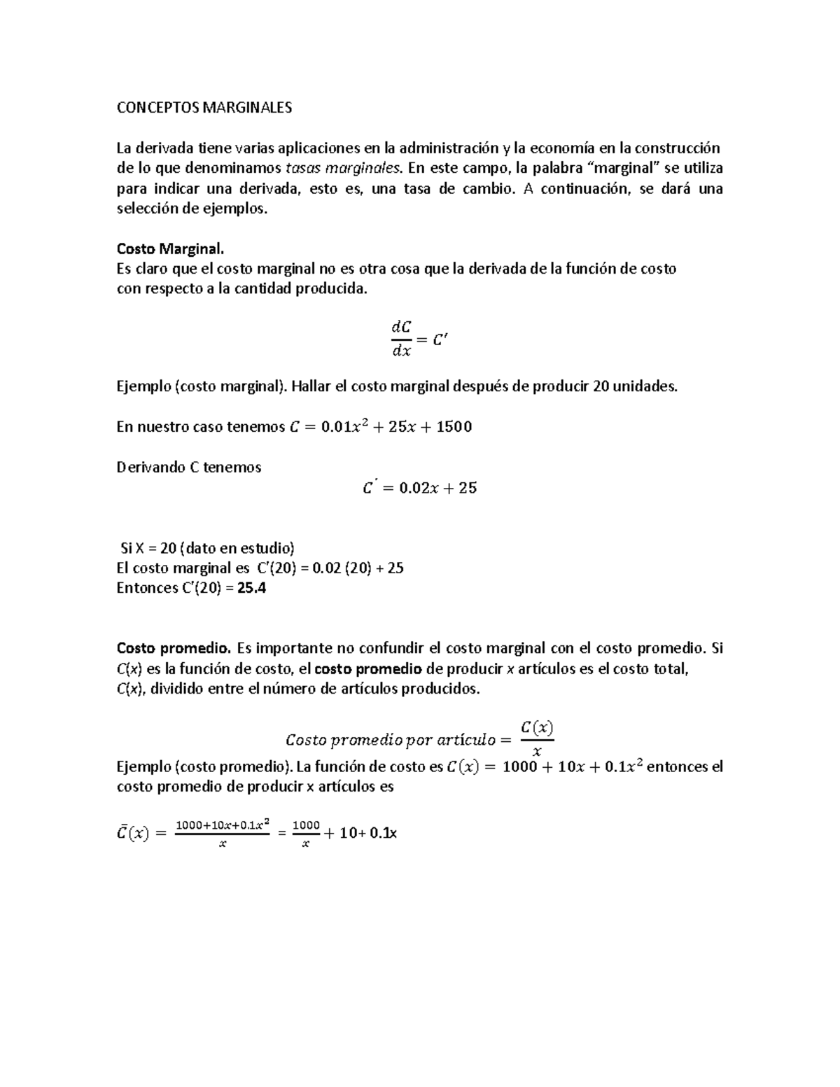 Conceptos marginales - CONCEPTOS MARGINALES La derivada tiene varias ...