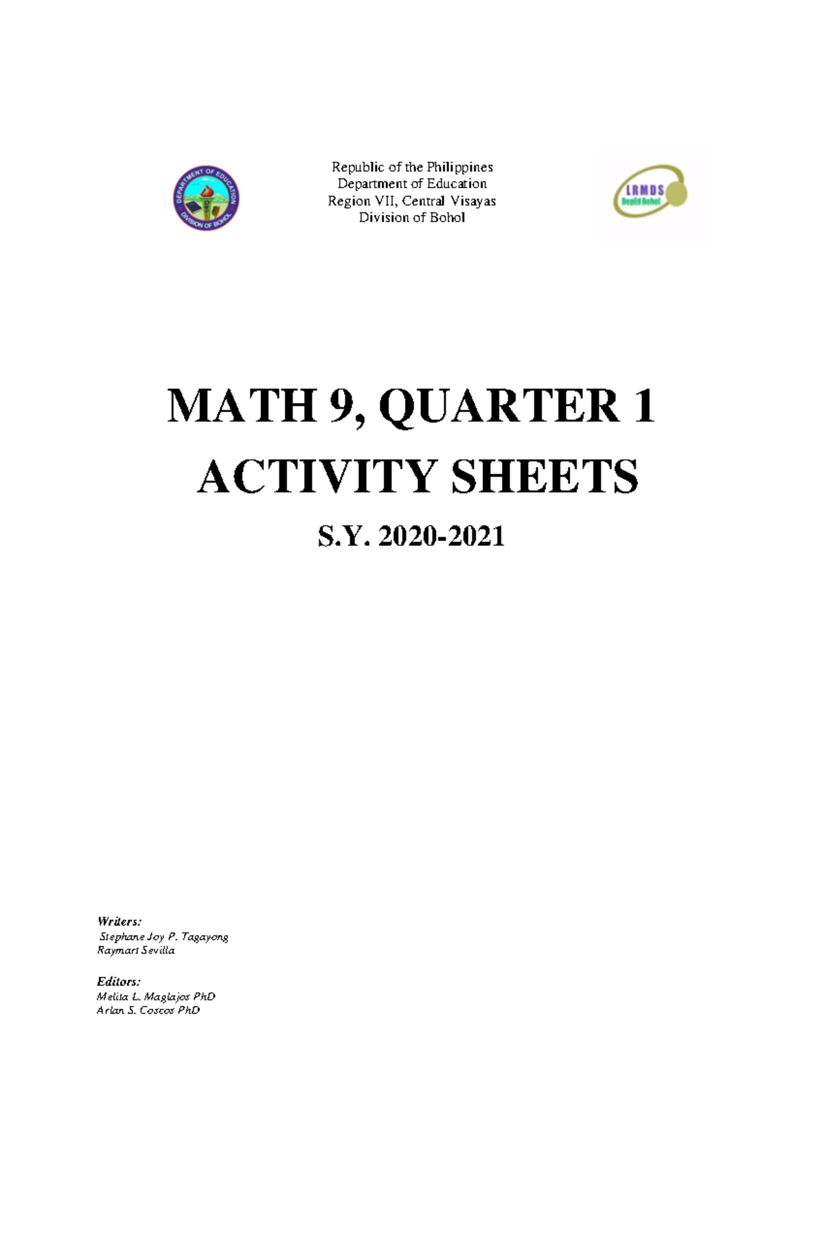 Math9 Q1 LAS Wk4 - LAS FOR GRADE 9 - Republic of the Philippines ...
