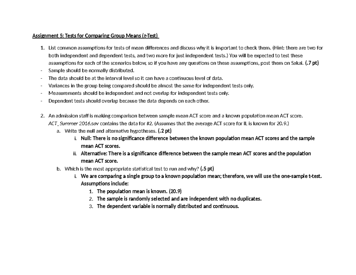 Kao C Testsof Mean - SPSS - Assignment 5: Tests for Comparing Group ...