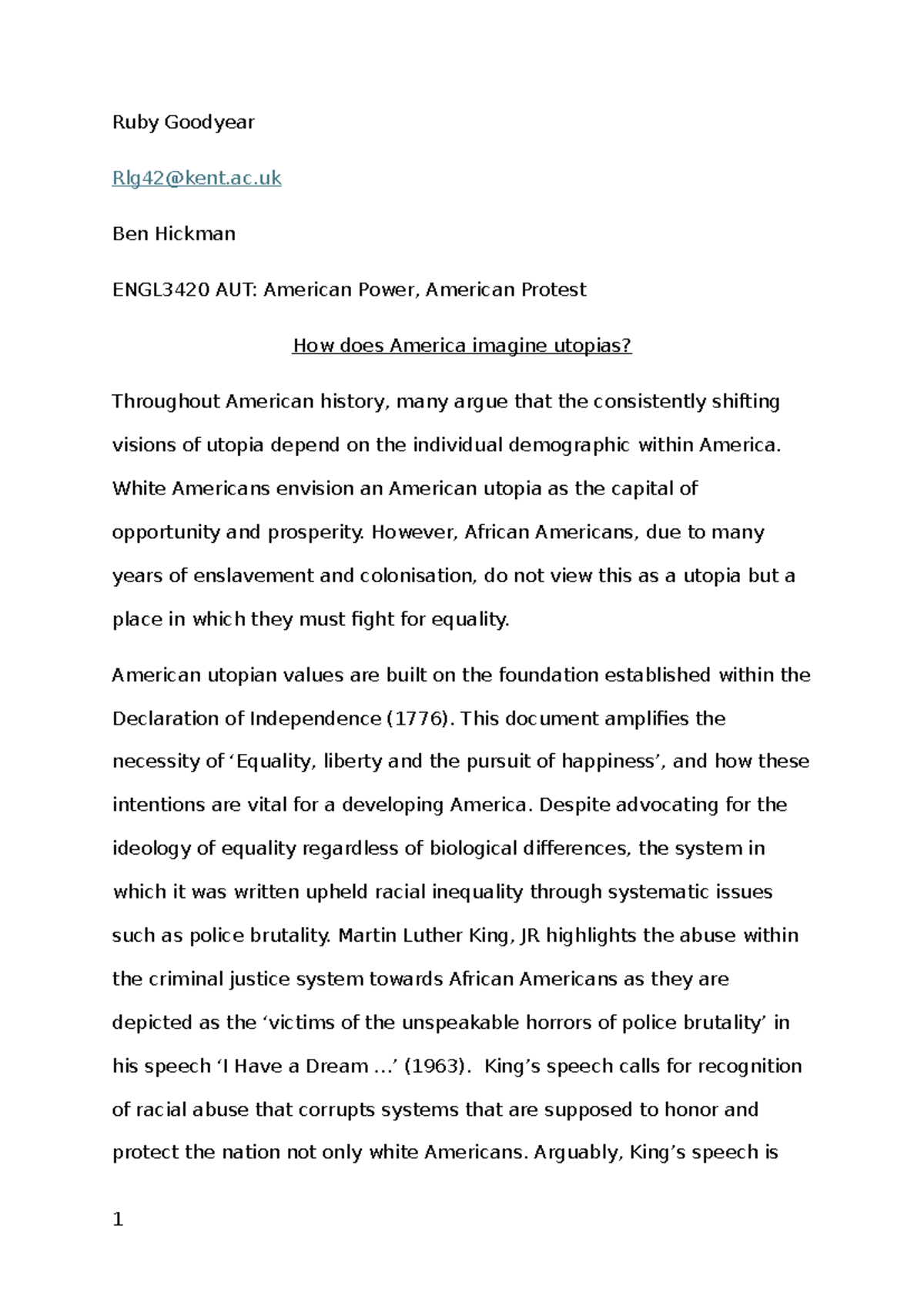American Power and Protest Assignment - Ruby Goodyear Rlg42@kent.ac Ben ...