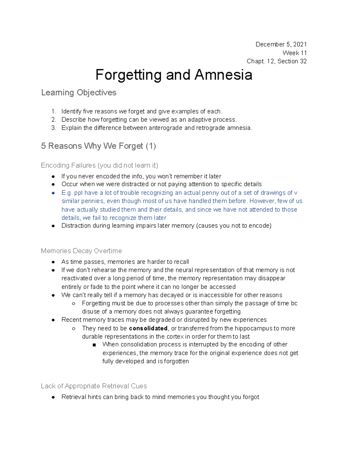 PSYC 100 - Week 11 Notes - Forgetting and Amnesia - December 5, 2021 ...