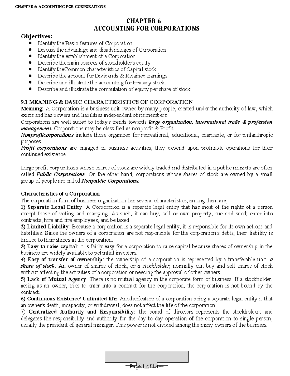 Chapter 6 - Summery - CHAPTER 6 ACCOUNTING FOR CORPORATIONS Objectives ...