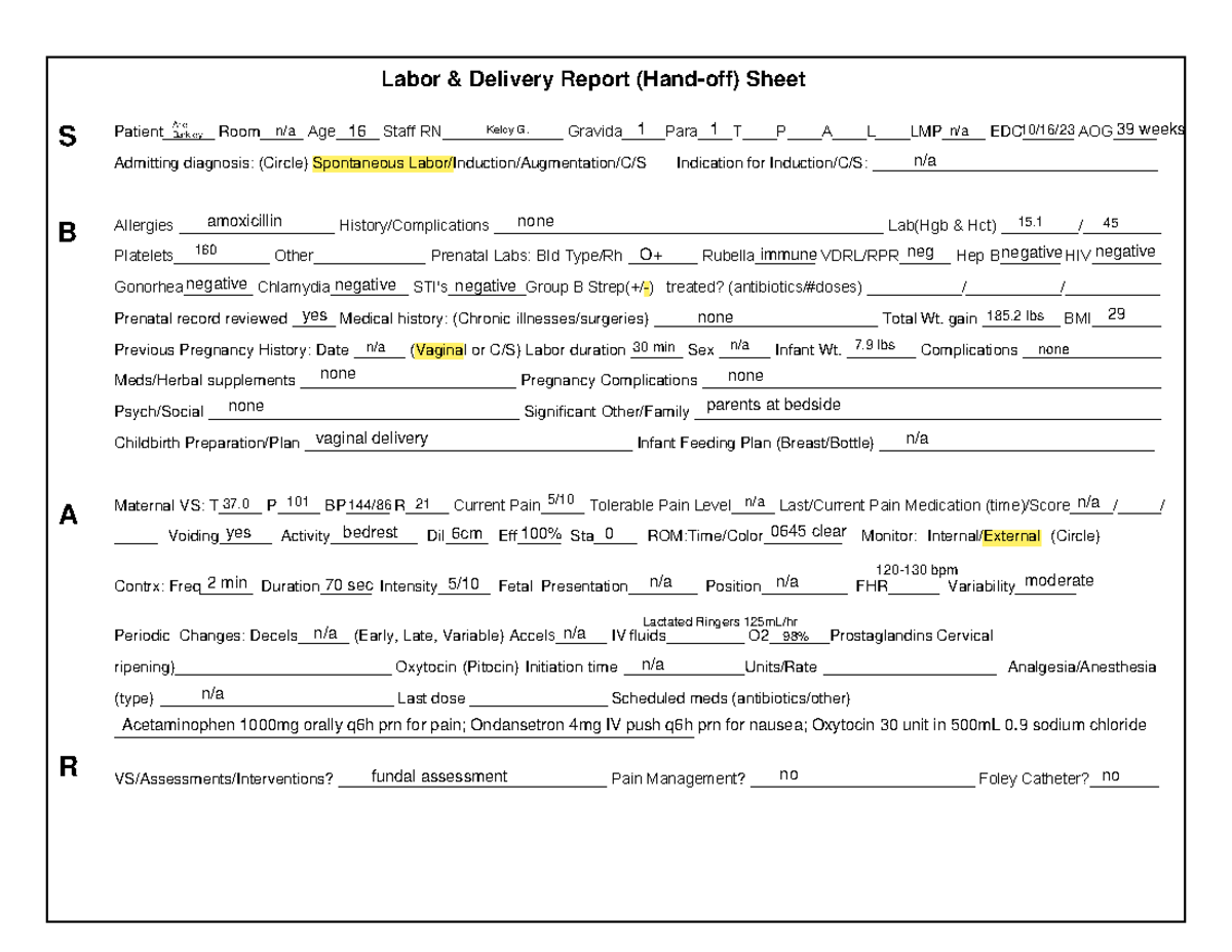 OB SBAR 10 - SBAR for newborn - Labor & Delivery Report (Hand-off) Sheet S B A R Patient ...