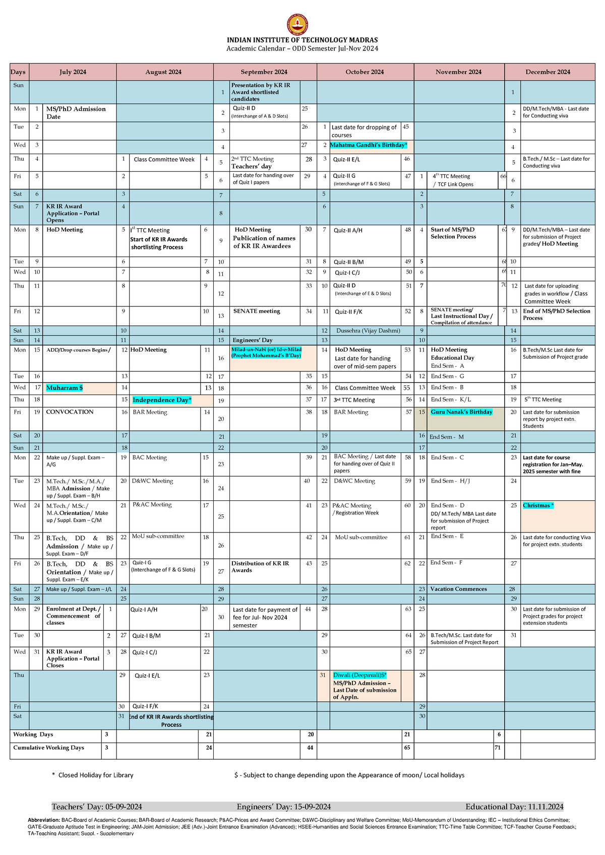 Calendar Jul-Nov 2024 Version 2 - Date: 07.11 Version 0 INDIAN ...
