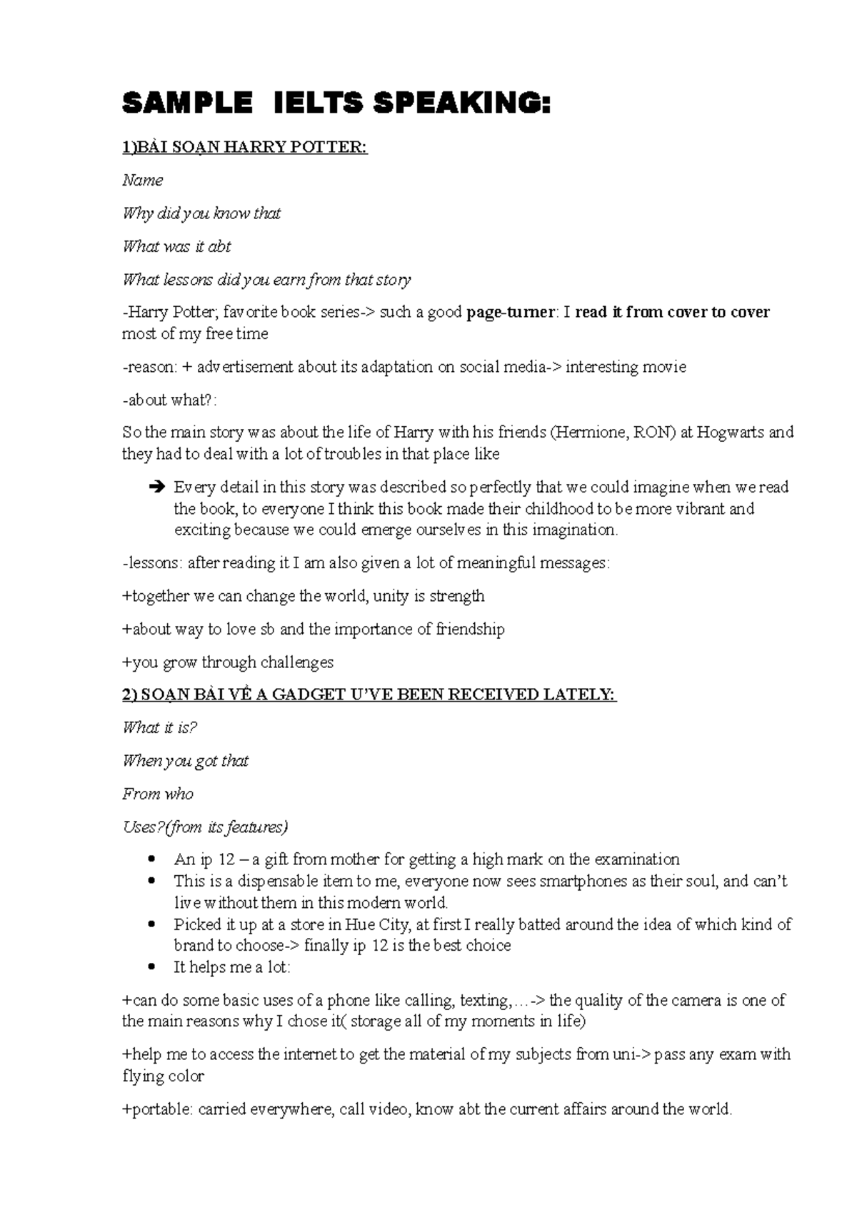 Sample Ielts Speaking - SAMPLE IELTS SPEAKING: 1)BÀI SOẠN HARRY POTTER: Name Why did you know ...