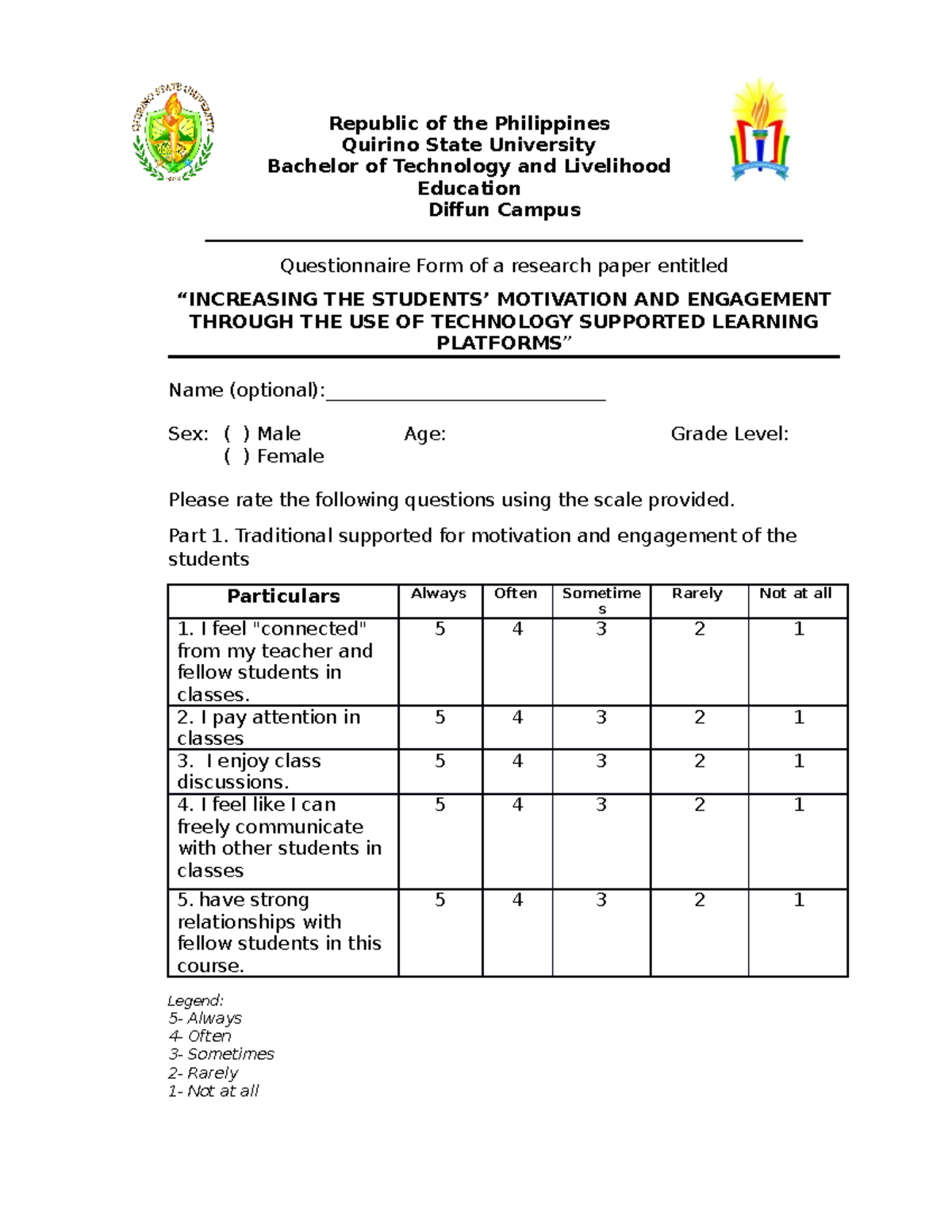 Questionnaire Increasing THE Students Motivation AND Engagement Through ...
