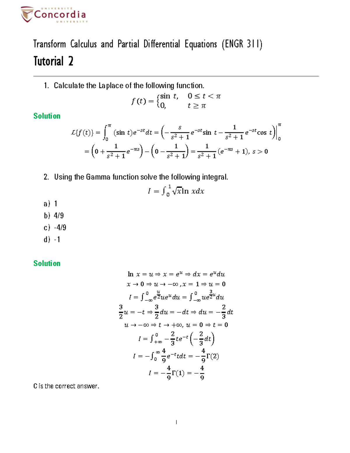 Tutorial 2-Solution - tuto - 1 Transform Calculus and Partial Differential Equations (ENGR 311 ...