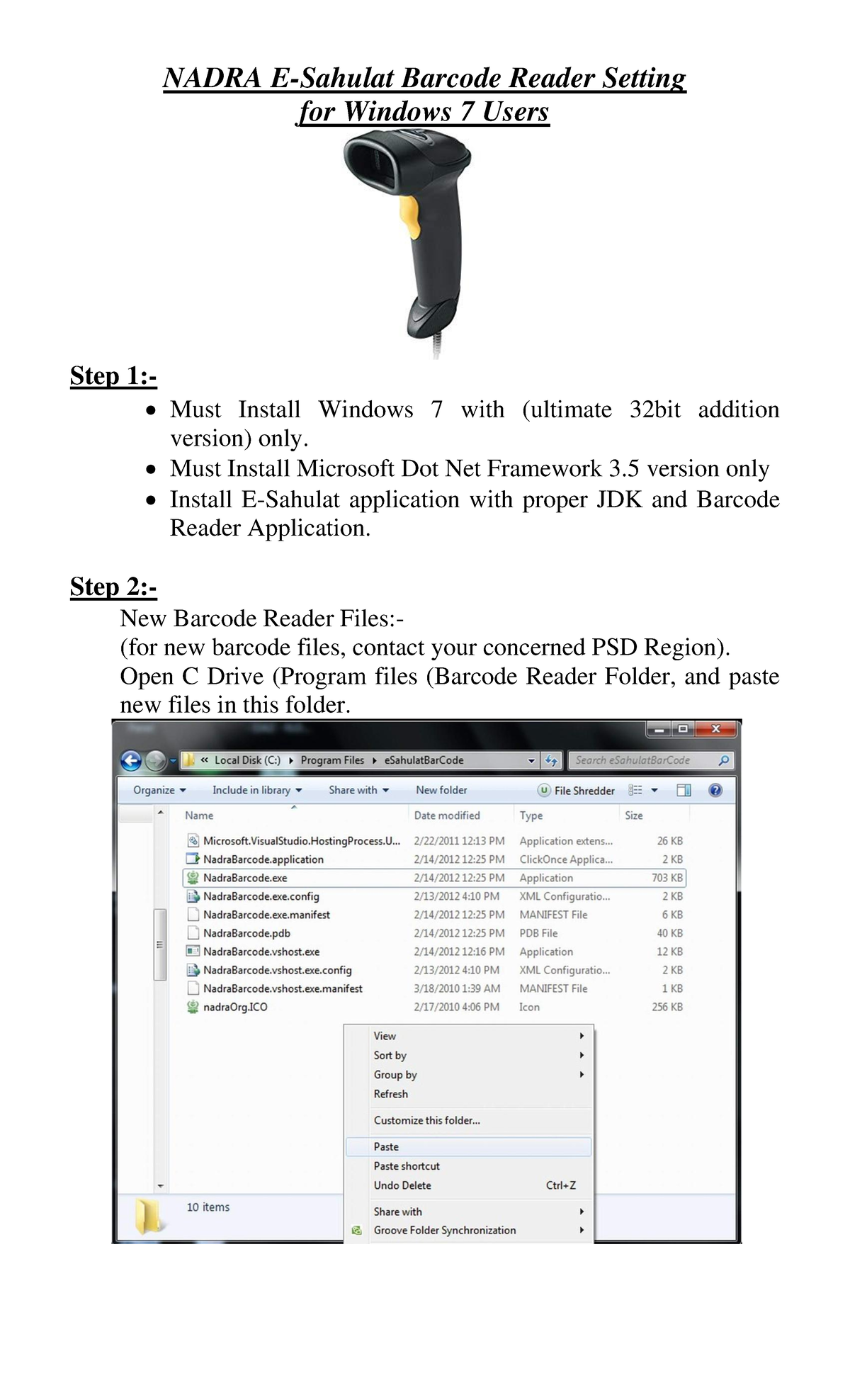 Barcode Reader Installation Menual - NADRA E-Sahulat Barcode Reader ...