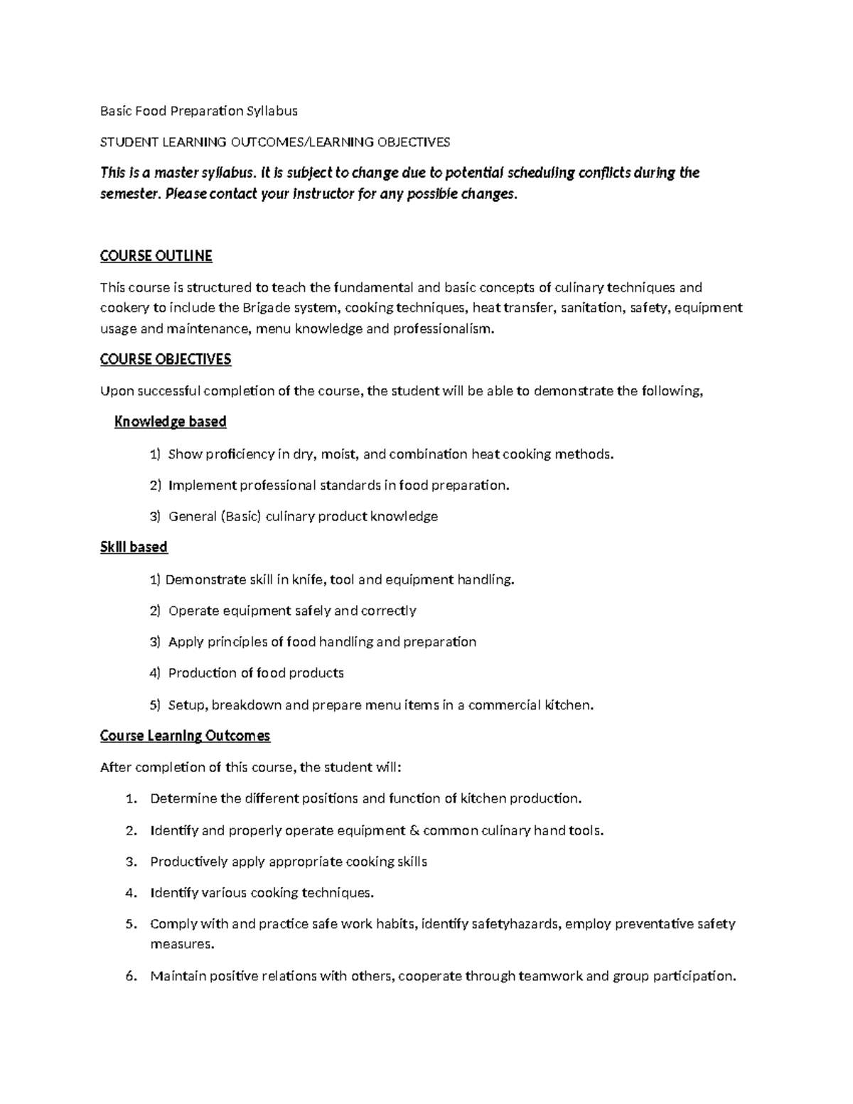 Basic Food Preparation Syllabus - Basic Food Preparation Syllabus ...