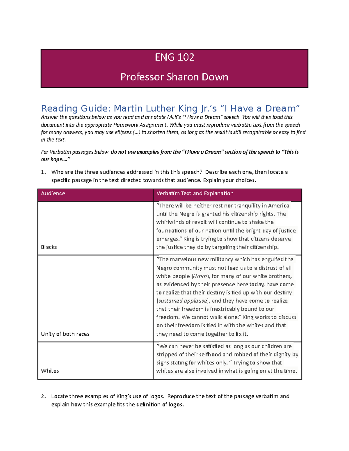 I Have a Dream Reading Guide - ENG 102 Professor Sharon Down Reading ...