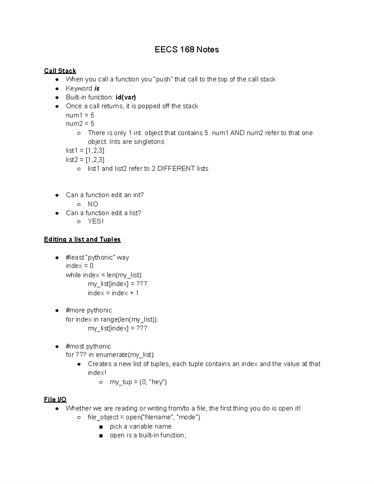 Eecs 168 Notes Eecs 168 Notes Call Stack When You Call A Function You