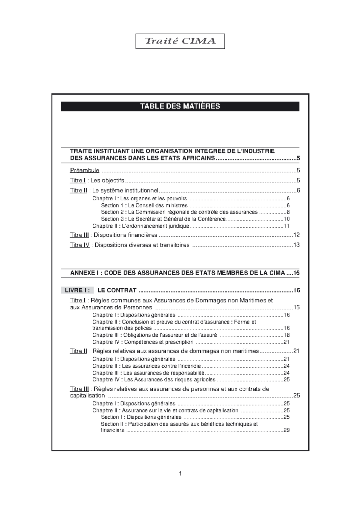 CIMA Code assurances - TABLE DES MATIÈRES DES ASSURANCES DANS LES ETATS ...