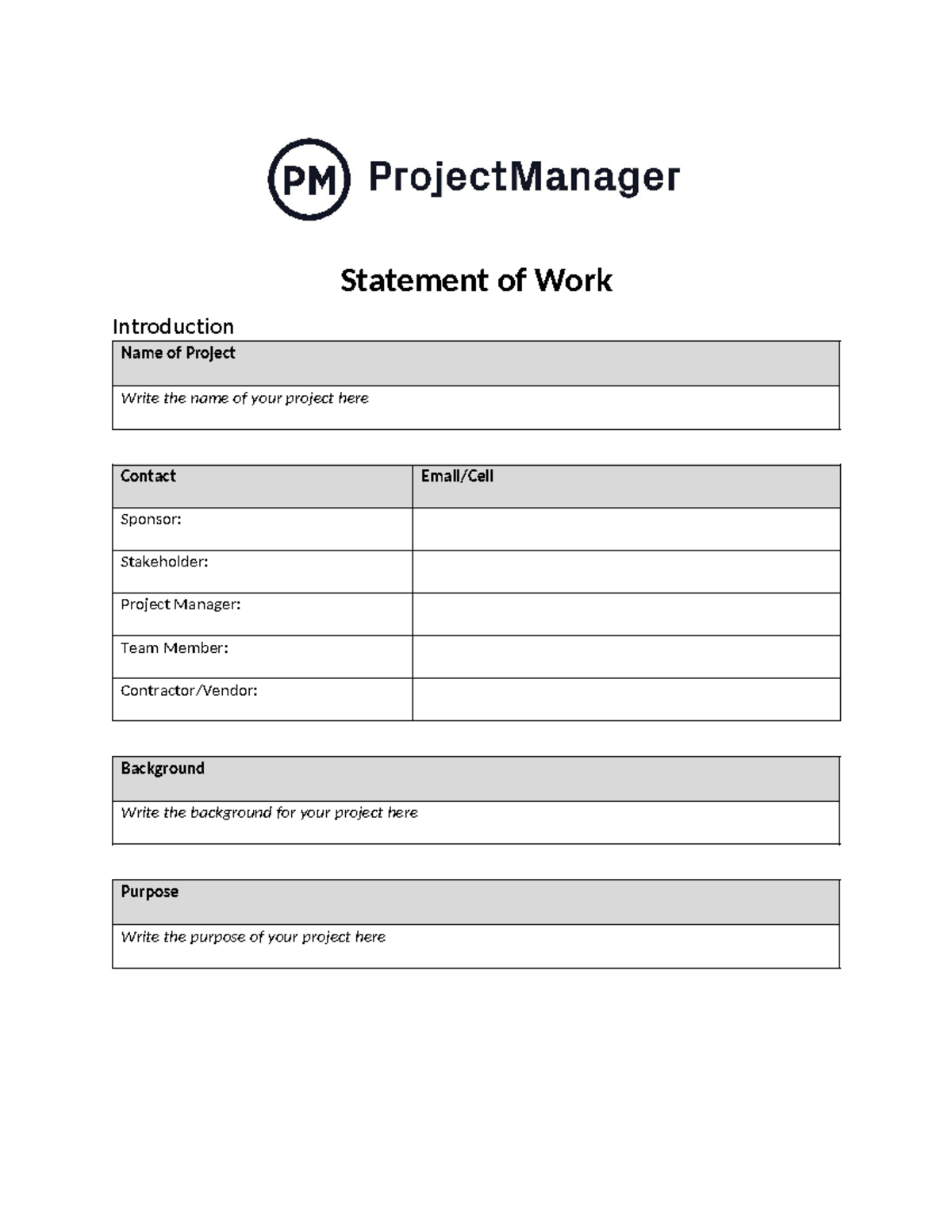 SOW Template Project Manager WLNK - Statement of Work Introduction Name ...