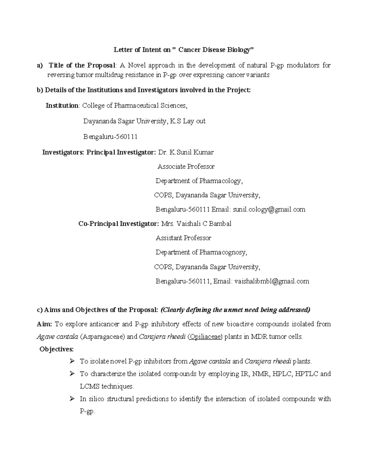 DBT LOI - gaq - Letter of Intent on " Cancer Disease Biology" a) Title ...