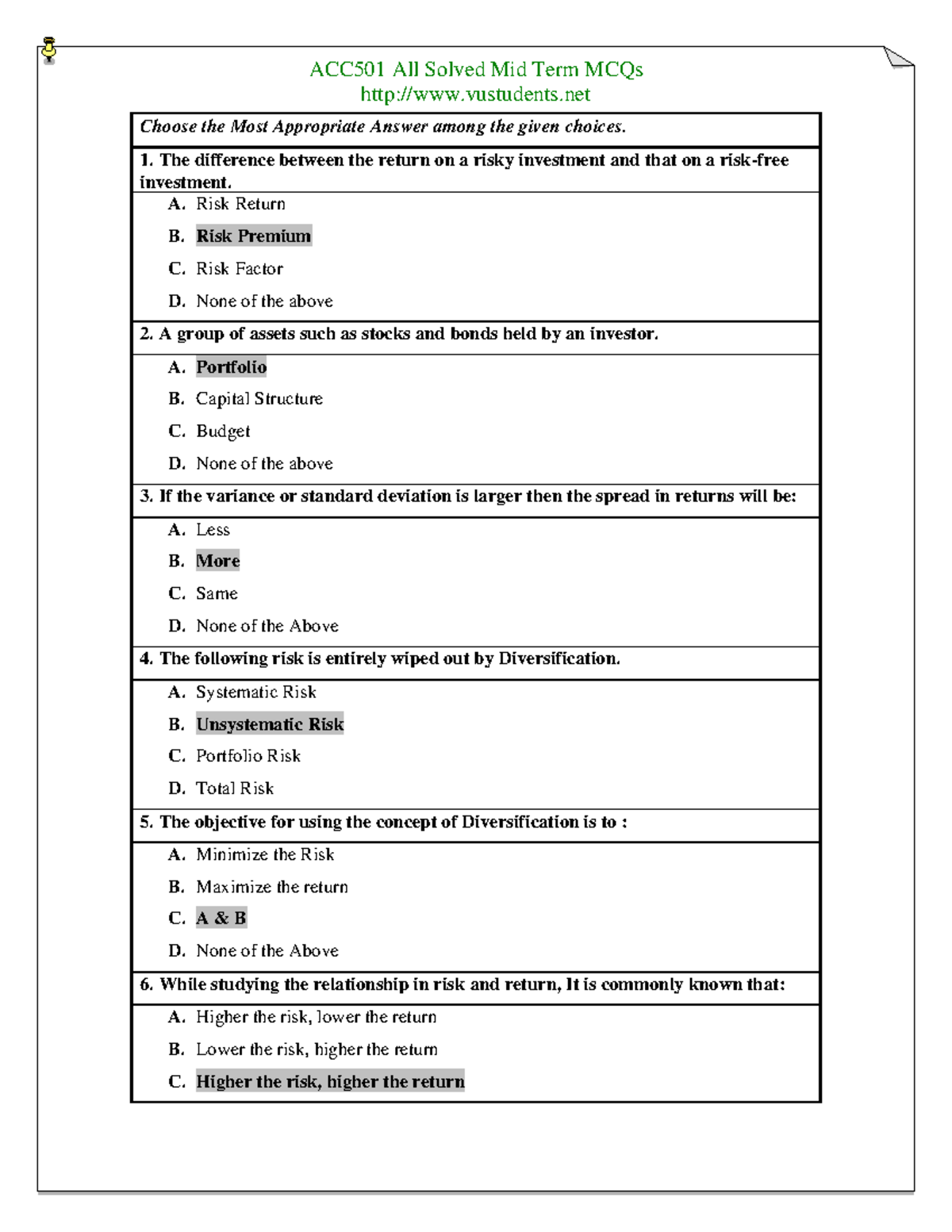 ACC501 All Solved Mid Term MCQs www - vustudents Choose the Most ...
