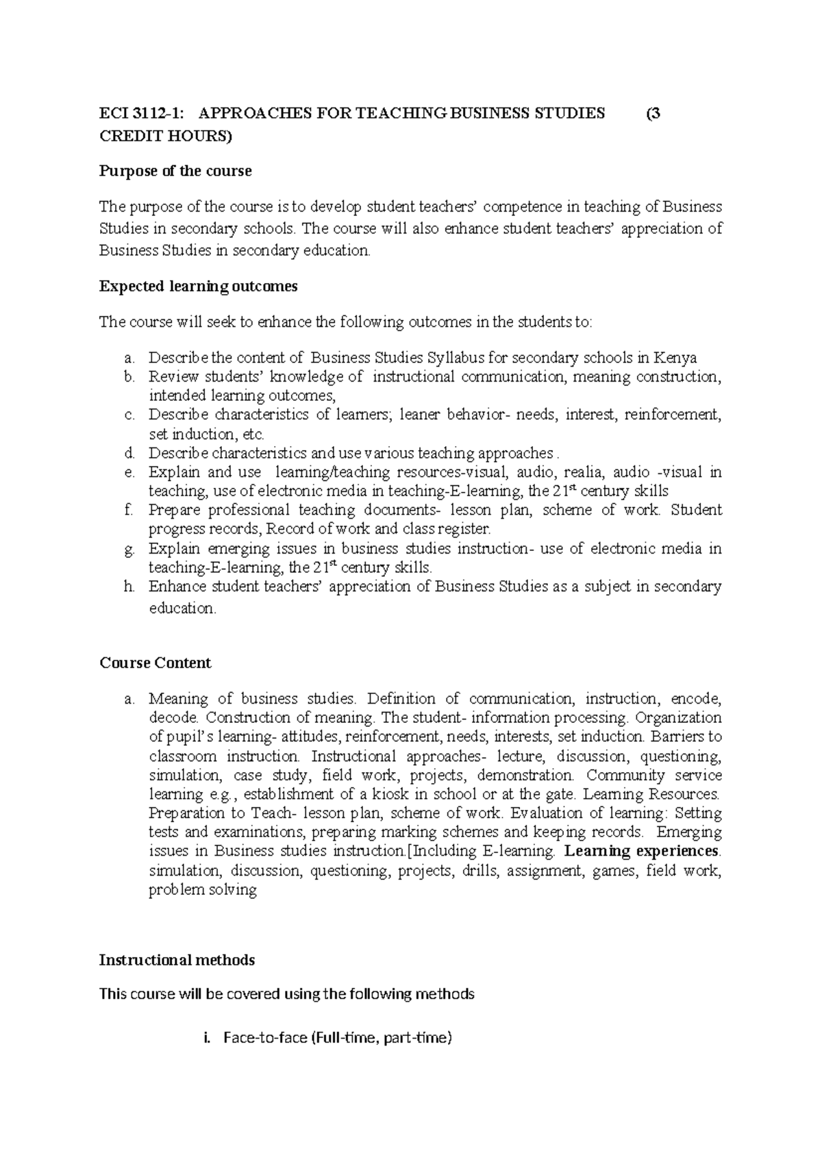 Business Studies Methods Course Outline - ECI 3112-1: APPROACHES FOR ...
