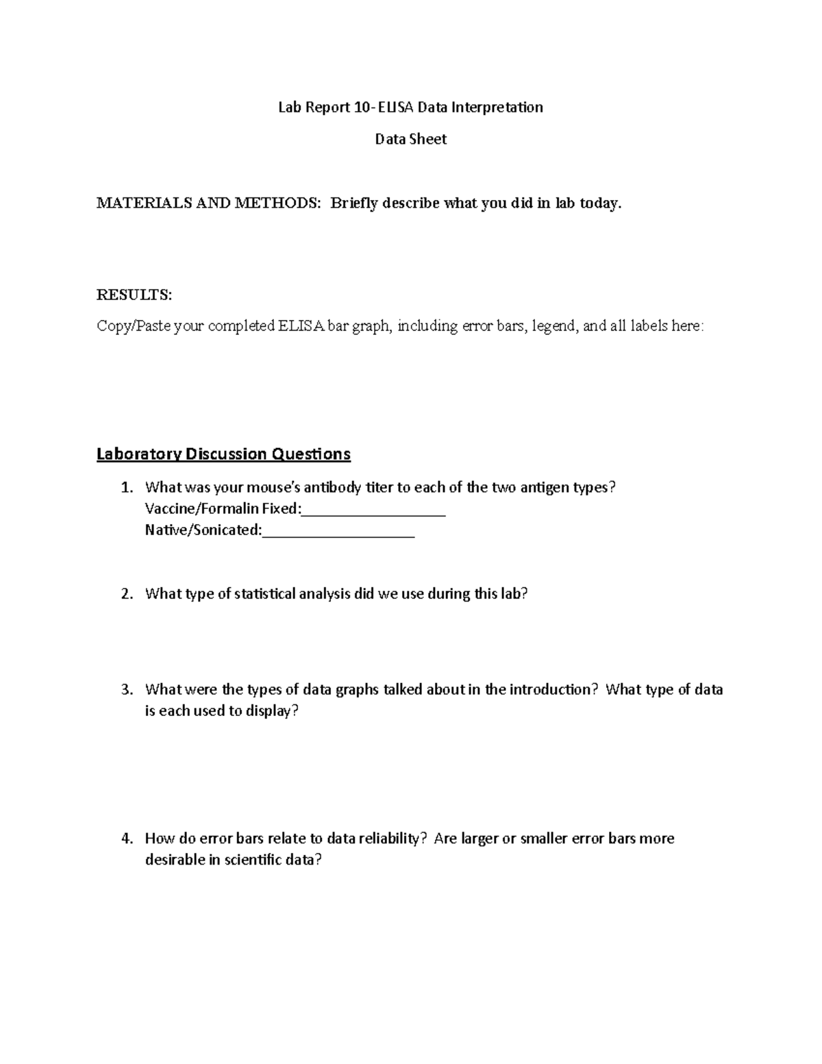 Lab Report 10 Data Sheet - Lab Report 10- ELISA Data Interpretation ...