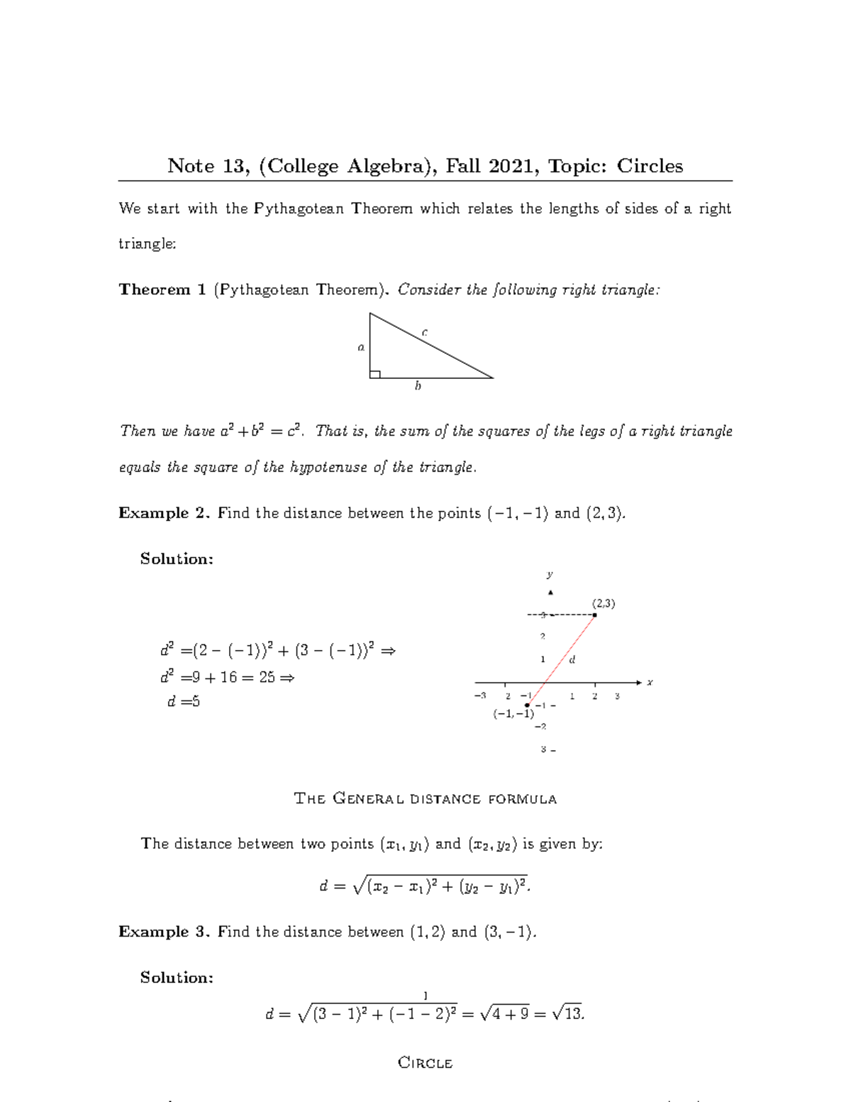 Note14 - General distance formula - Note 13, (College Algebra), Fall ...