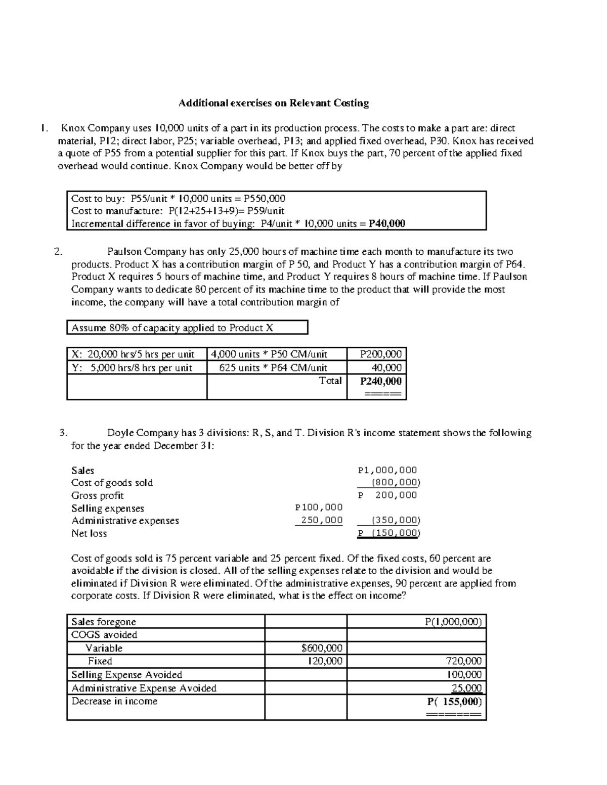 Addition a l exercises on Relev a nt Costing - Additional exercises on Relevant Costing Knox ...