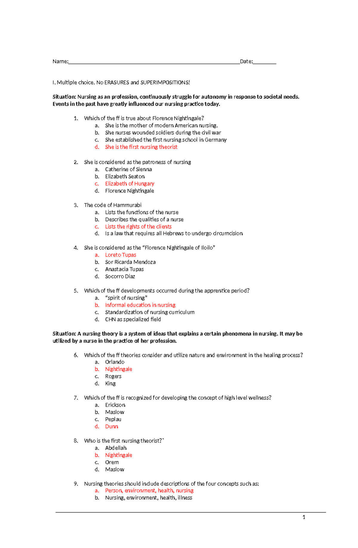 Name Date I Multiple Choice No Erasures and Superimpositions Situation ...