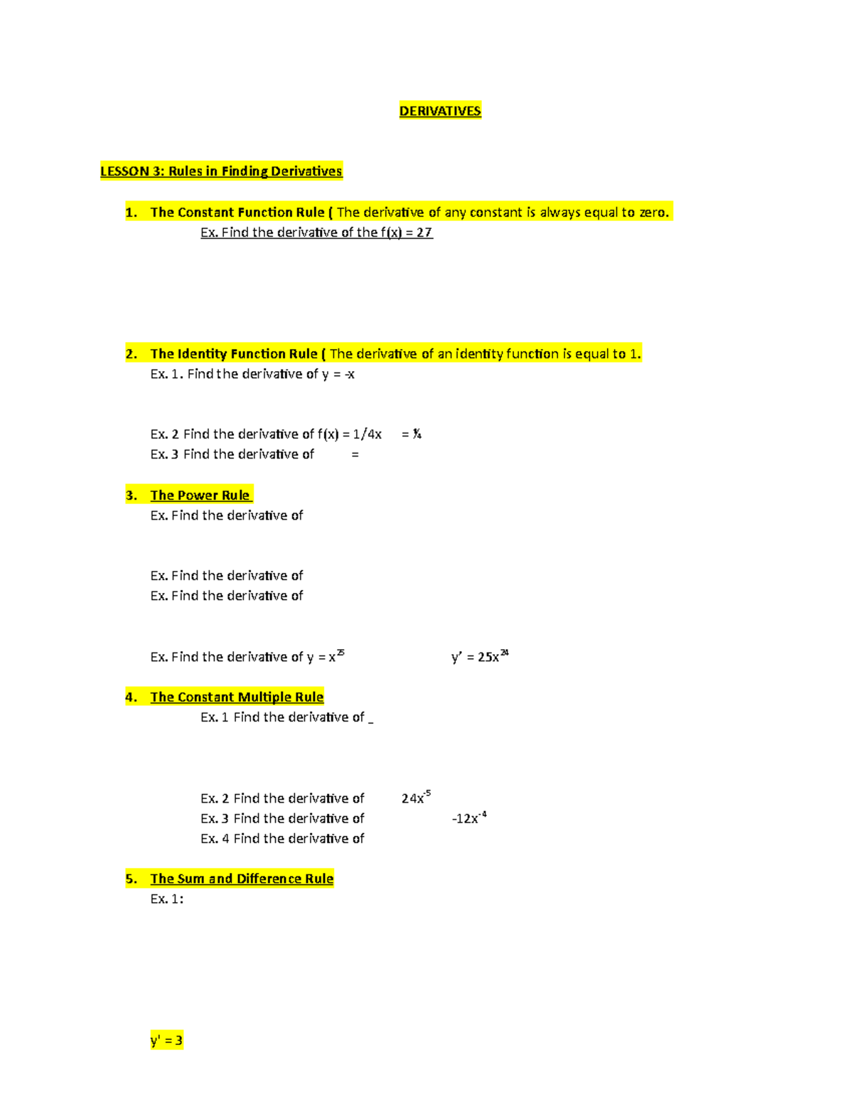 Basic Calculus Module 2 - DERIVATIVES LESSON 3: Rules in Finding ...