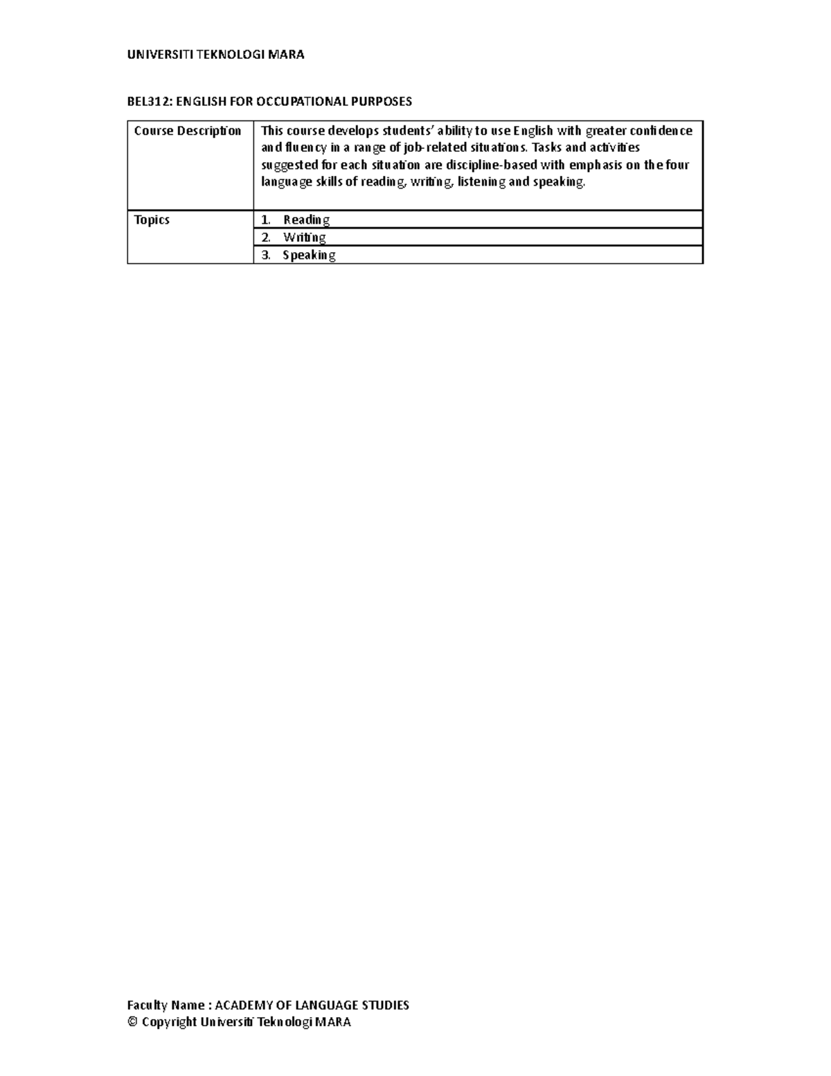 BEL312 English FOR Occupational Purposes ( Subject) - UNIVERSITI ...