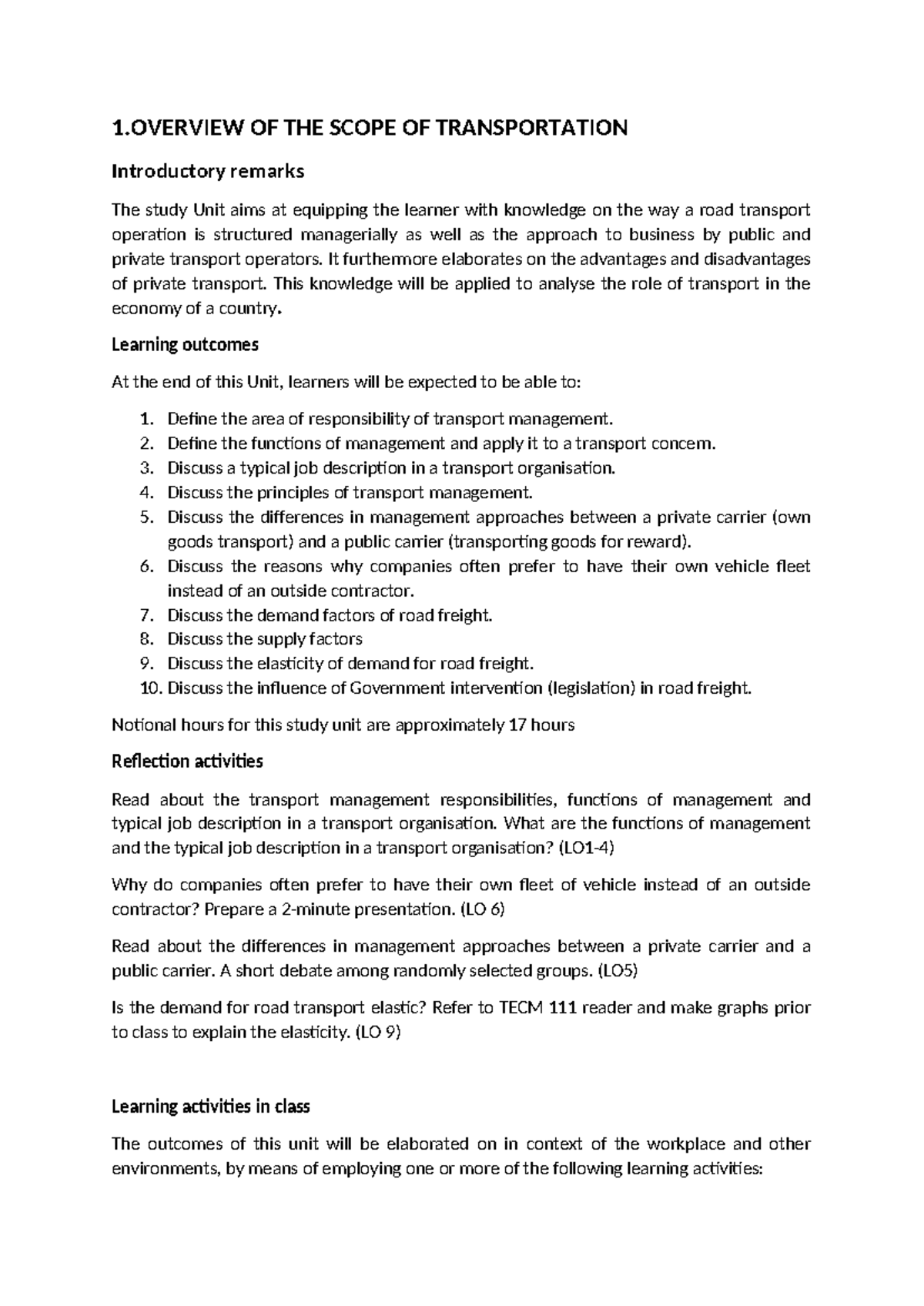 Study units - notes - 1 OF THE SCOPE OF TRANSPORTATION Introductory ...