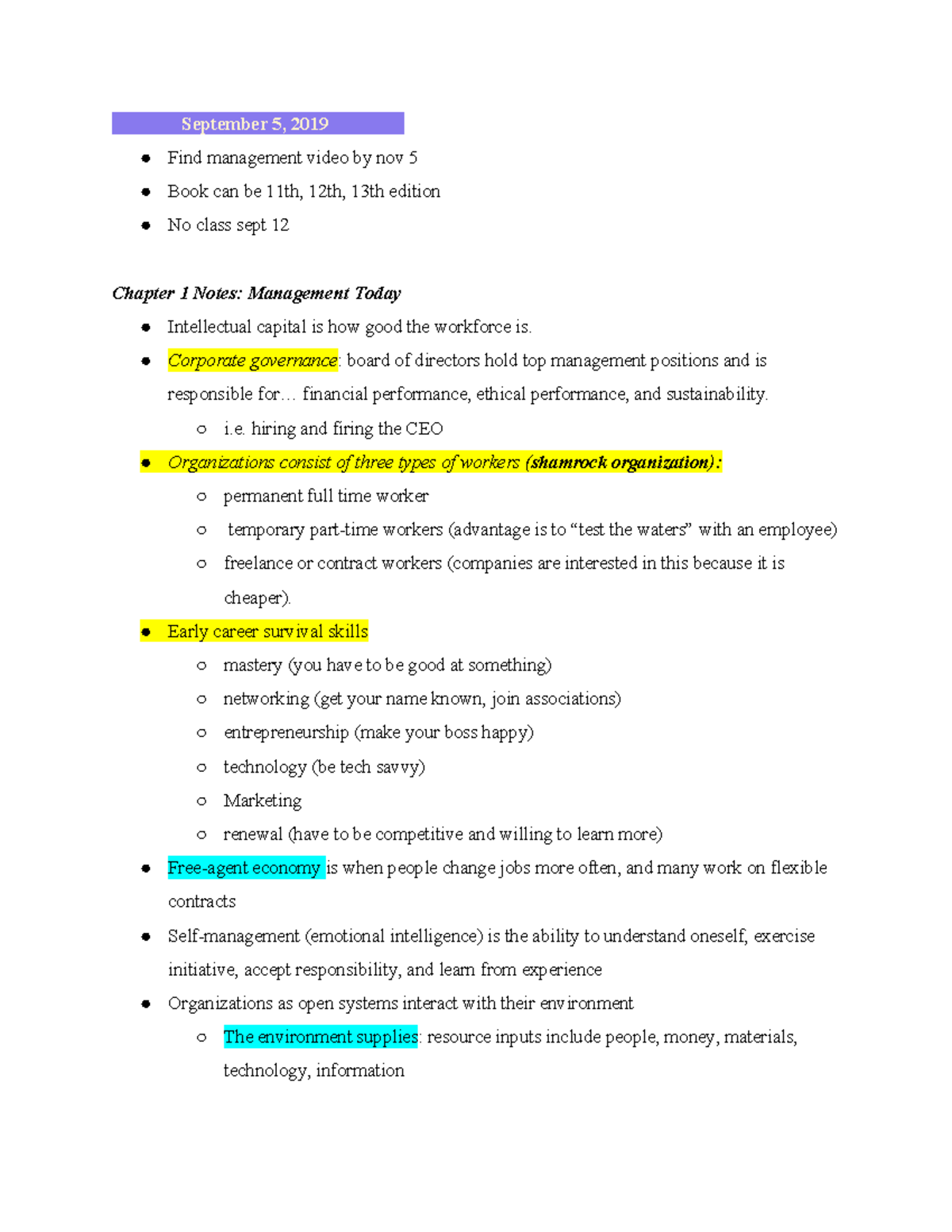 Management notes - September 5, 2019 Find management video by nov 5 ...