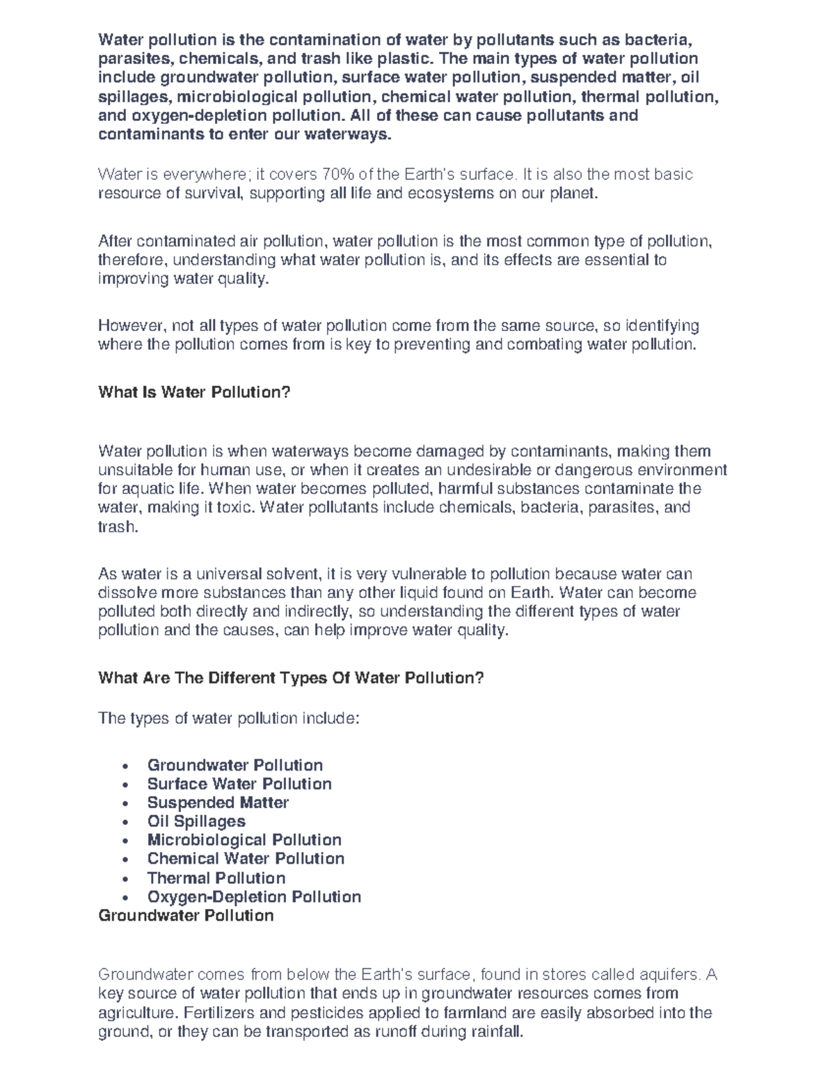 Water pollution - The main types of water pollution include groundwater ...