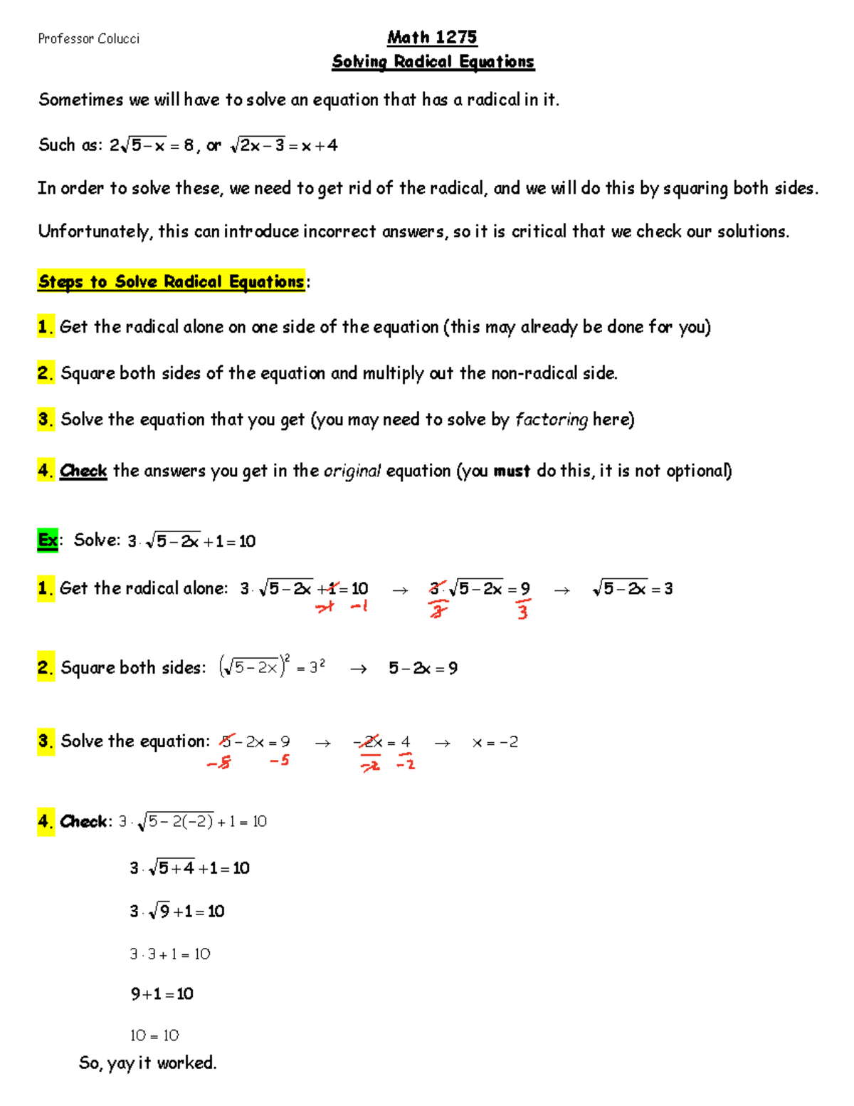 MA1275-Lesson 15 (Solve Radicals) - Professor Colucci Math 1275 Solving ...