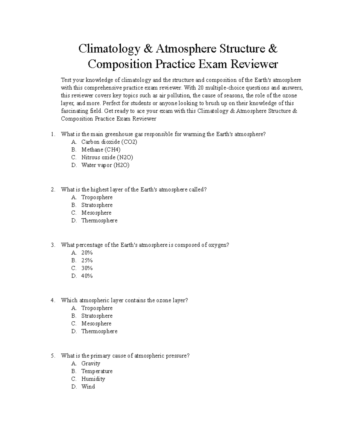 Climatology - With 20 multiple-choice questions and answers, this ...