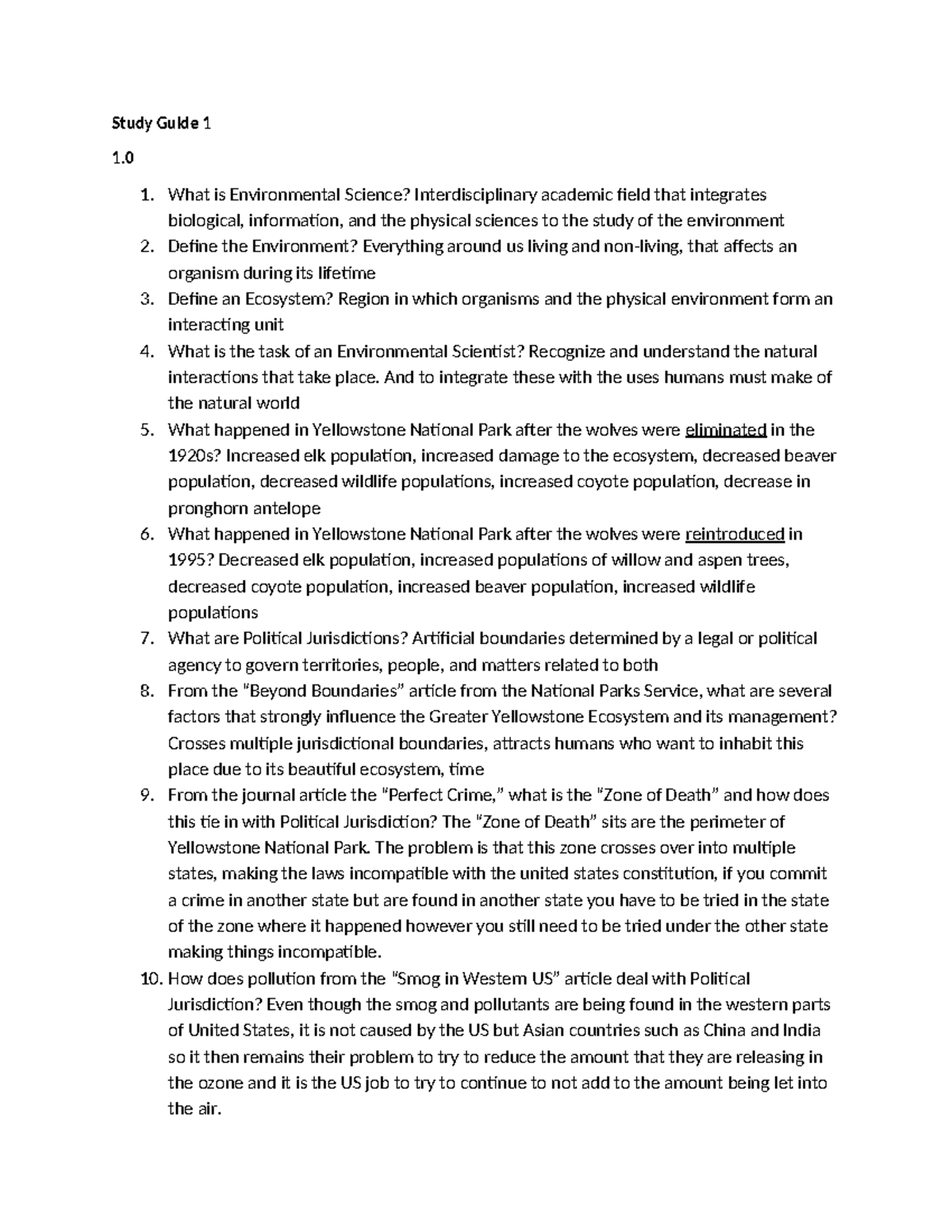 Final study guide for environmental science - Study Guide 1 1. 1. What ...